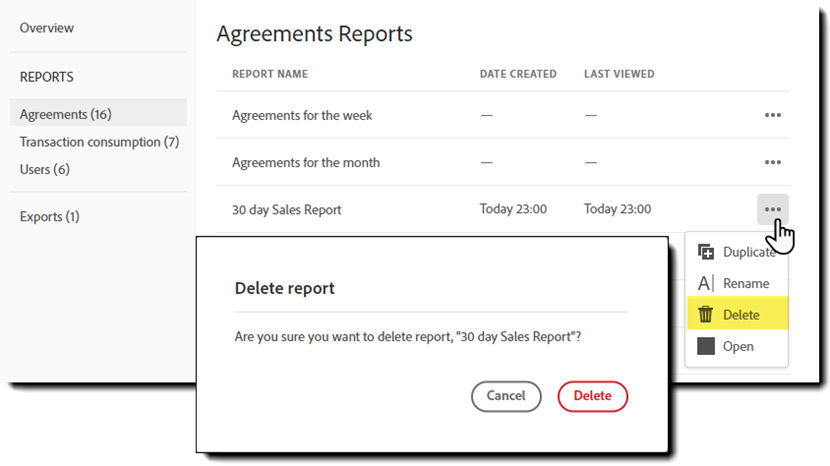 Delete a data export or agreement chart report